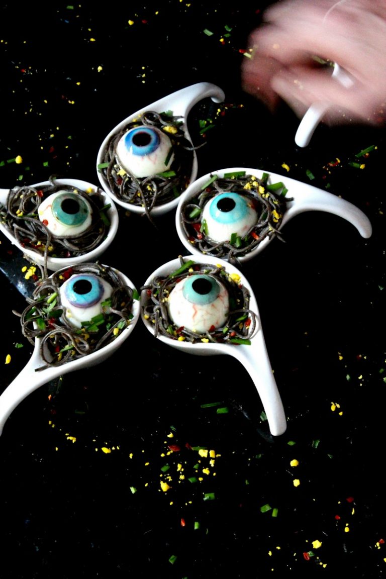 Deviled Eyes in Garlic Black Bean Spaghetti Spoons - MomDot