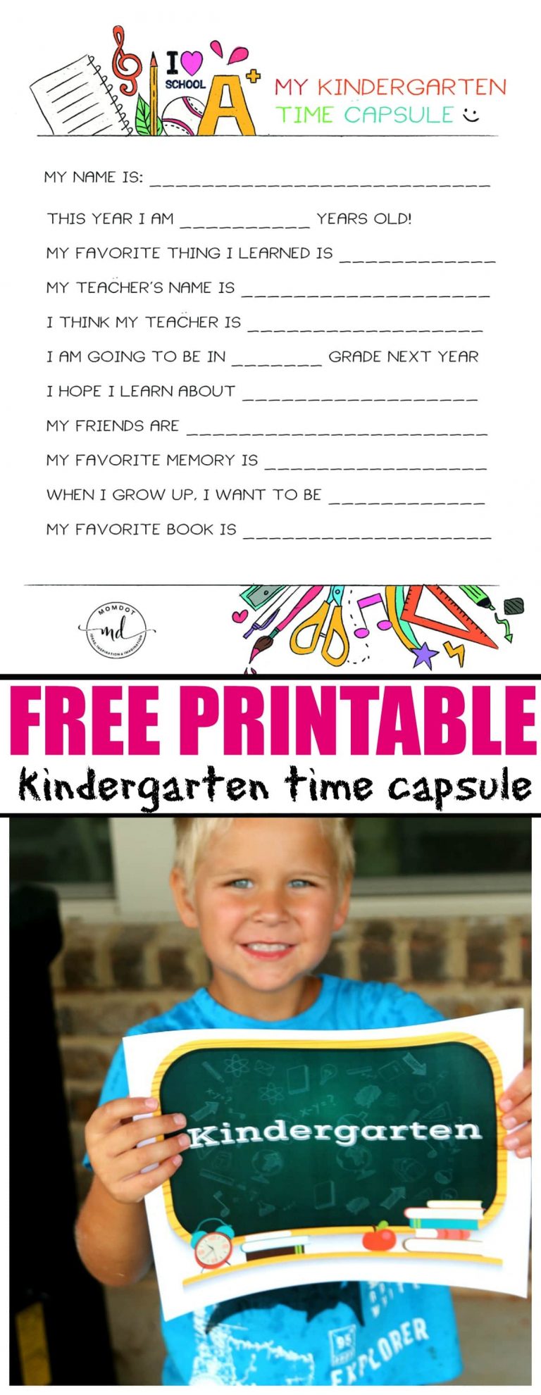 Kindergarten Time Capsule FREE PRINTABLE - Momdot.com